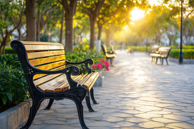 Park Benches Along a Tree-lined Path, with Soft Morning Light Creating ...