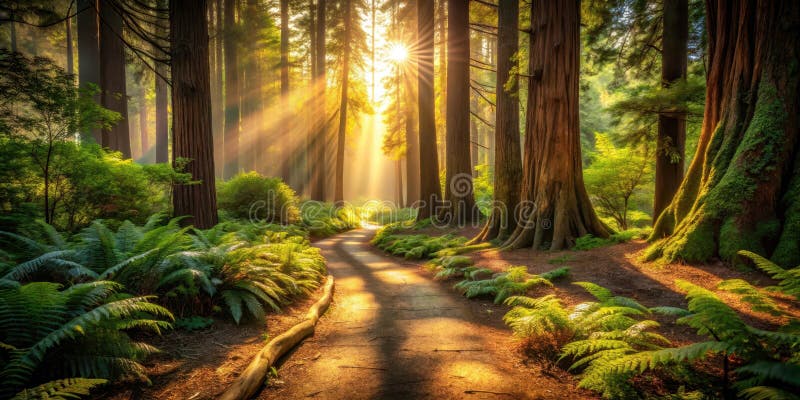 Sunlit Path through Ancient Forest with Lush Greenery. Generative AI ...