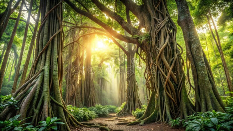 Sunlit Path through Ancient Jungle with Massive Tree Roots. Generative AI Stock Illustration ...