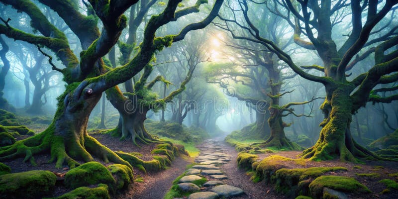 Sunlit Path through an Ancient, Moss-draped Forest with Twisted Trees ...