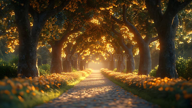 Sunlit Path through Autumnal Tree Tunnel Stock Illustration ...