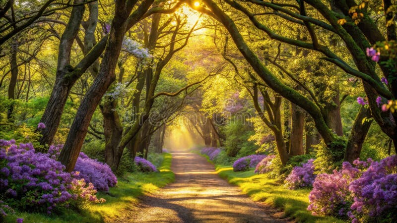 Sunlit Path through a Blossoming Canopy of Trees. Generative AI Stock ...