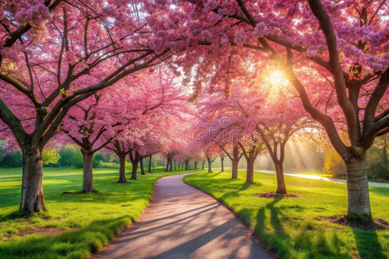 Sunlit Path through a Blossoming Pink Tree Canopy in a Tranquil Park ...