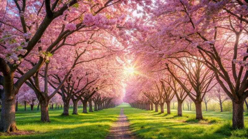 Sunlit Path through a Blossoming Pink Tree Tunnel. Generative AI Stock ...