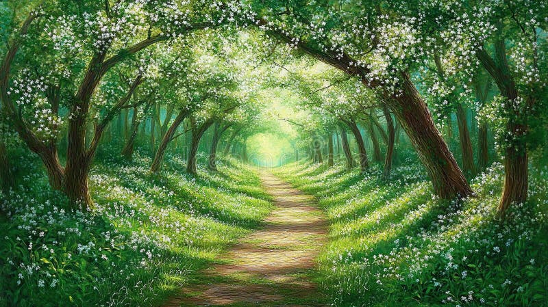 Sunlit Path through Blossoming Spring Forest Stock Image - Image of ...