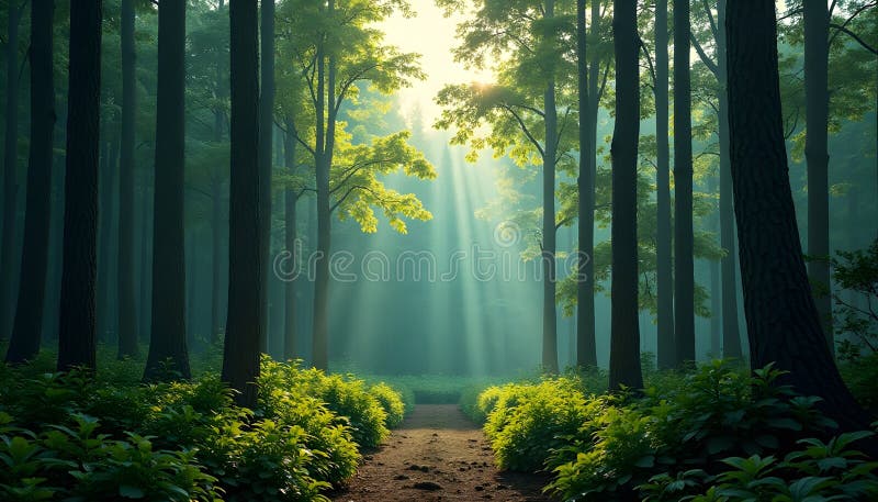 Sunlit Path through Emerald Forest, Tall Trees and Lush Greenery Stock Illustration ...