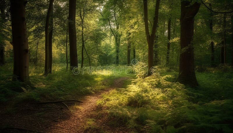 Sunlit Path through an Enchanting Forest Stock Illustration ...