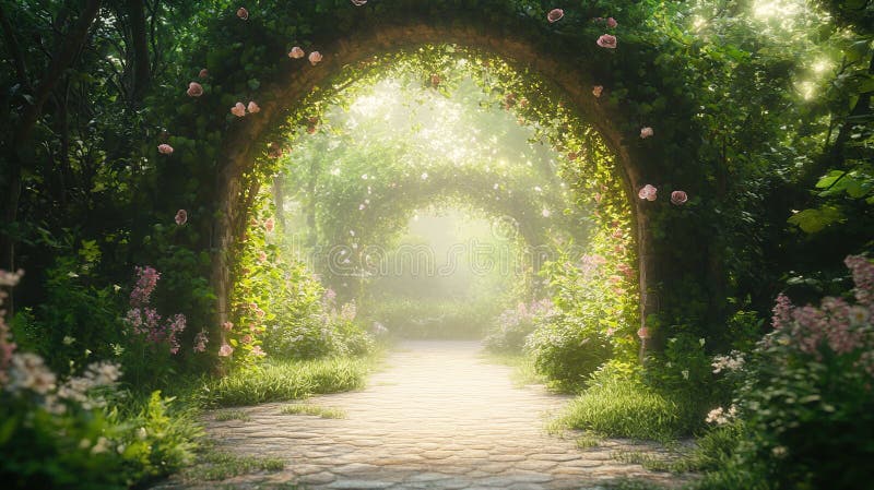 Sunlit Path through Enchanting Rose Archway Garden Stock Illustration ...