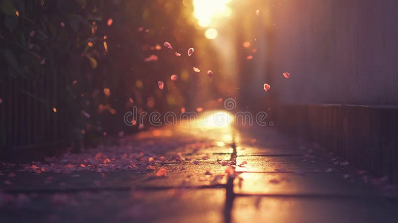 Sunlit Path with Falling Petals Creating a Dreamy and Ethereal ...