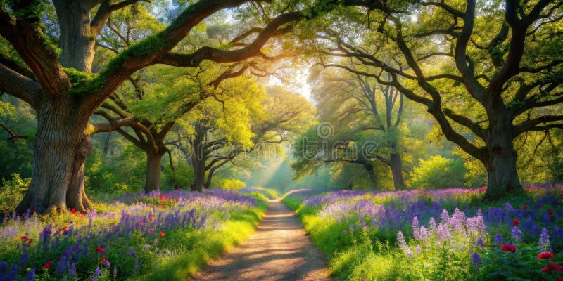 Sunlit Path through a Floral Meadow in a Lush Forest. Generative AI ...
