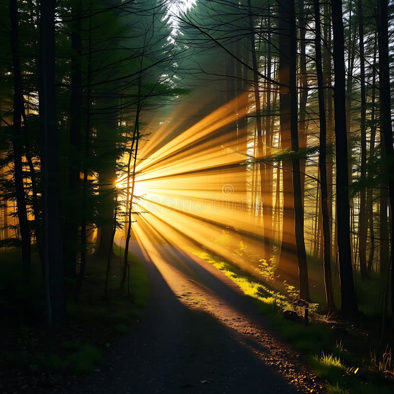 Sunlit Path in Forest stock illustration. Illustration of stunning ...