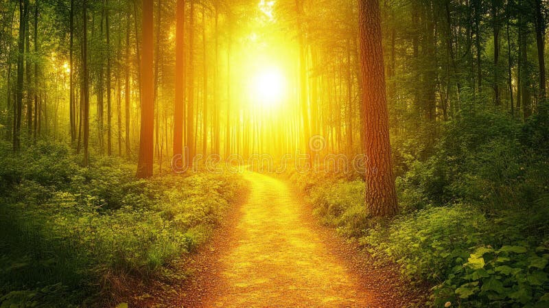 Golden Hour Path Sunlit Forest Trail Dawn Stock Photos - Free & Royalty ...