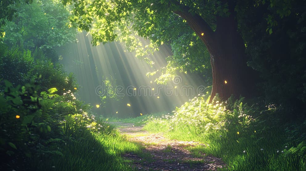 Sunlit Path through Green Forest with Glowing Rays. Stock Photo - Image ...