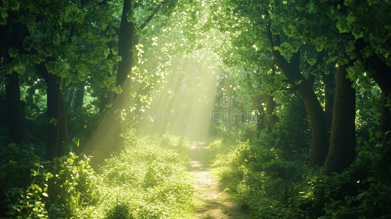 Sunlit Path through Green Forest with Glowing Rays. Stock Photo - Image ...