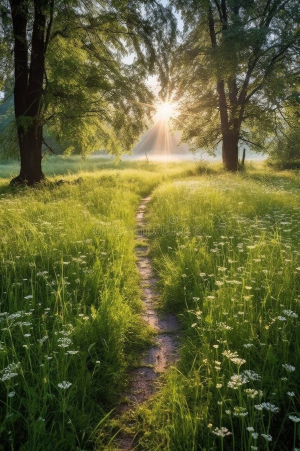 Sunlit Path Leading through a Dew-covered Meadow Stock Illustration ...