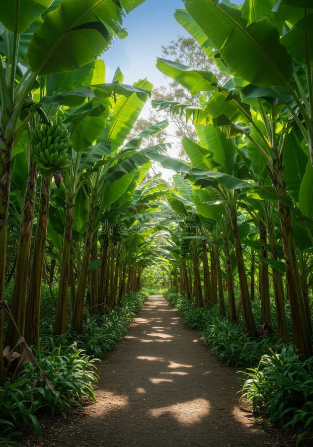 Sunlit Path through Lush Banana Plantation Stock Illustration ...