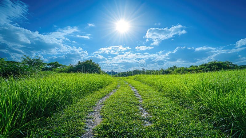 Sunlit Path through Lush Green Field Under Bright Blue Sky with Fluffy ...