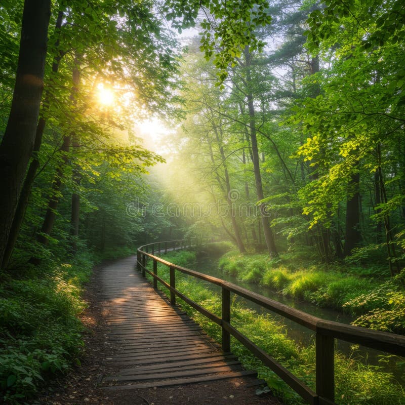 Sunlit Path through Lush Green Forest Stock Illustration - Illustration ...
