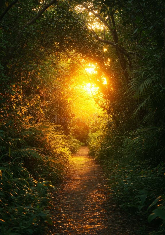 Sunlit Path through Lush Green Forest Stock Image - Image of texture ...