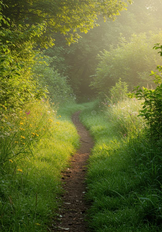 Sunlit Path through Lush Green Forest Stock Illustration - Illustration ...
