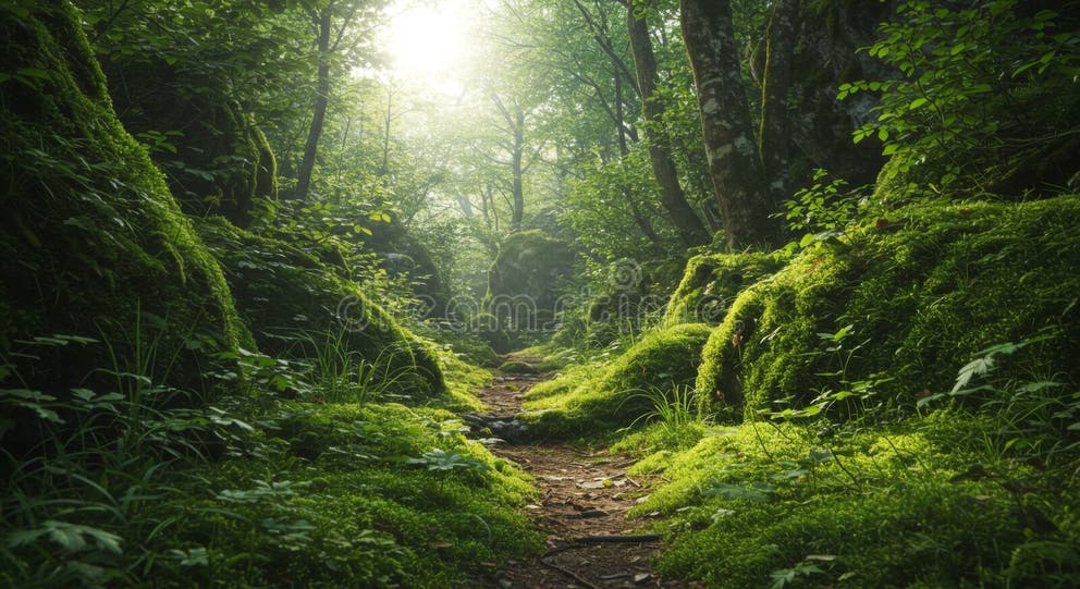 Sunlit Path through a Lush Green Forest Stock Photo - Image of walk ...