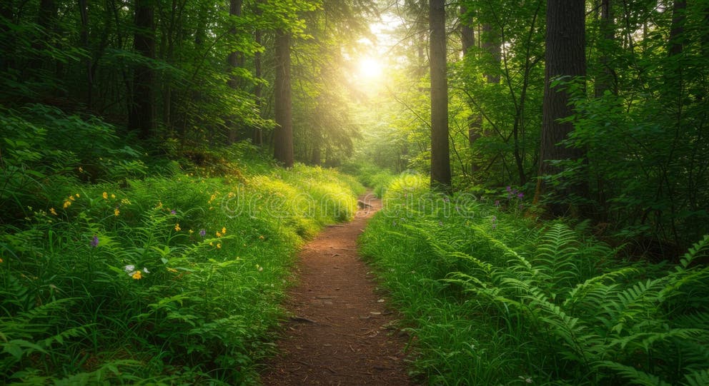 Sunlit Path through Lush Green Forest Stock Image - Image of green ...