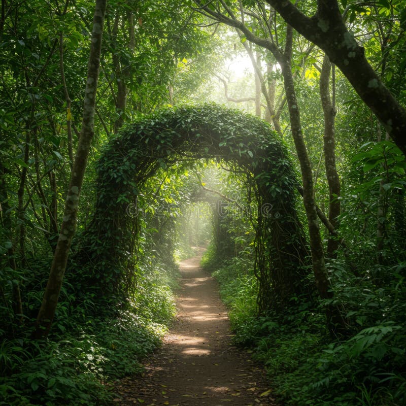 Sunlit Path through Lush Green Forest Arch Stock Illustration ...
