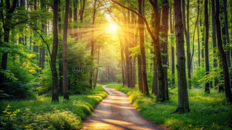 Sunlit Path through Lush Green Forest with Golden Hour Rays. Generative ...