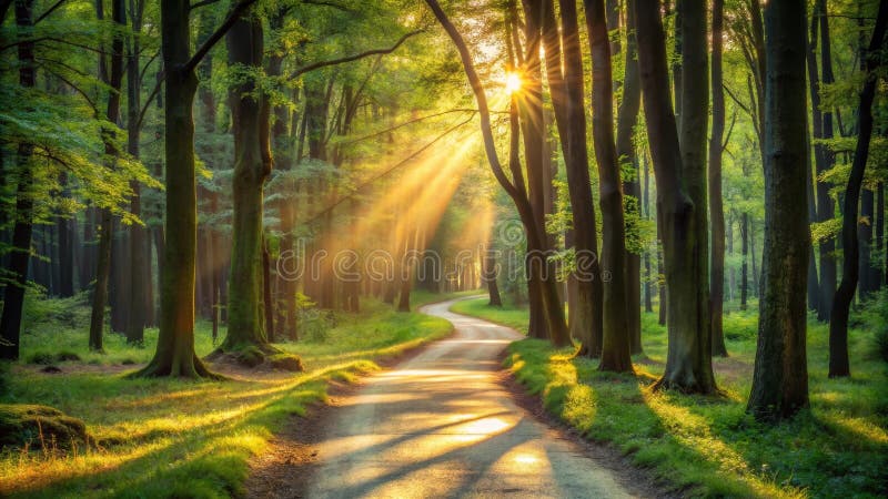 Sunlit Path through a Lush Green Forest with Golden Rays. Generative AI ...