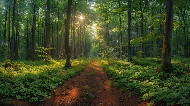 A Sunlit Path through a Lush Green Forest with Tall Trees and a Bright ...