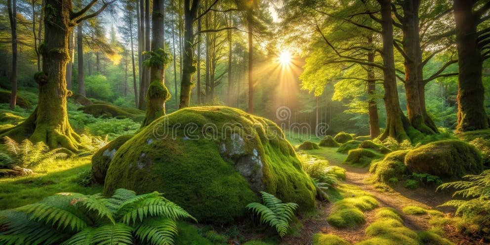 Sunlit Path through a Lush, Mossy Forest with Ancient Trees and Ferns ...