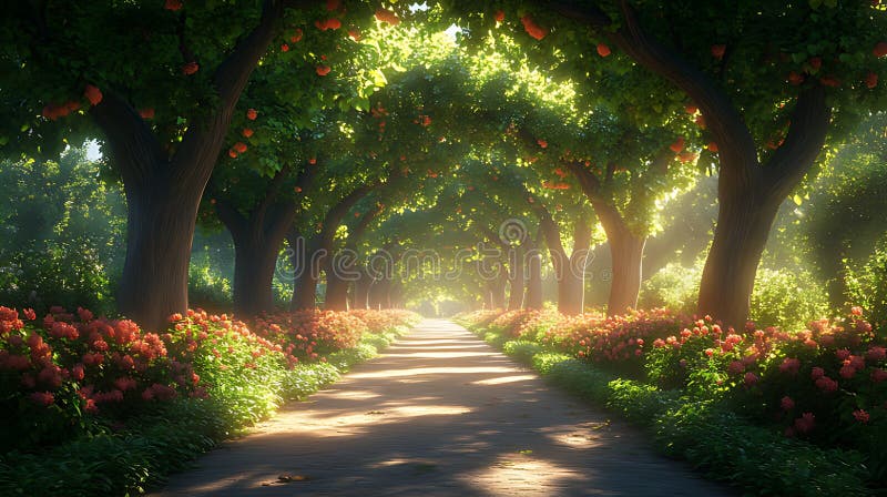 Sunlit Path through Lush Orchard with Flowering Bushes Stock ...