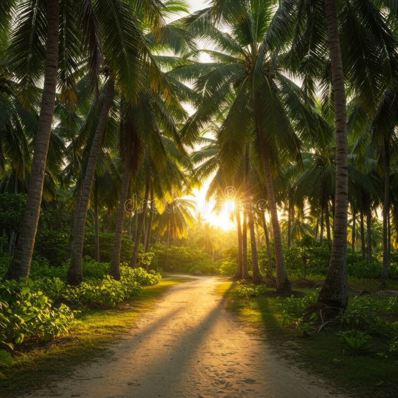 Sunlit Path through Lush Palm Tree Grove at Sunset Stock Illustration ...