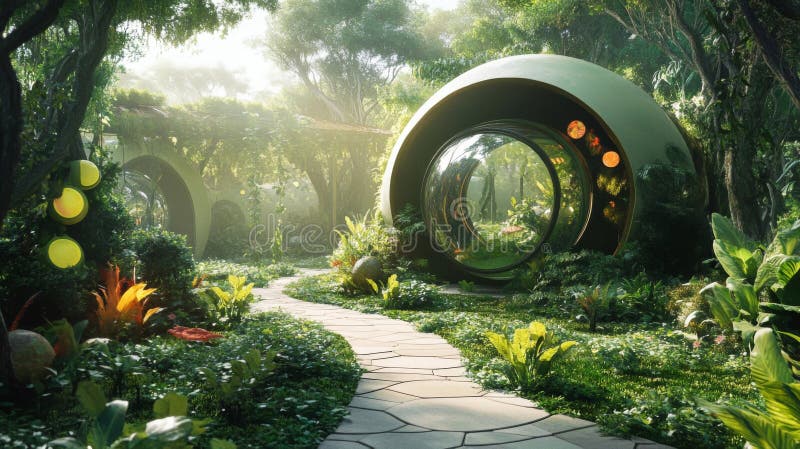 Sunlit Path through Lush Tropical Forest with Stone Walkway and ...