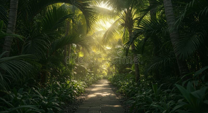 Sunlit Path through Lush Tropical Jungle Stock Illustration ...