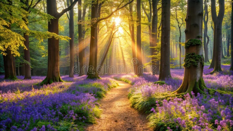 Sunlit Path through a Magical Forest of Purple Flowers. Generative AI ...