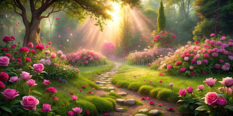 Sunlit Path through a Magical Rose Garden with Glowing Lights and Lush ...