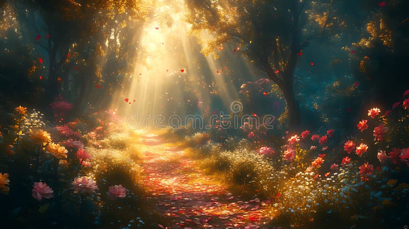 Sunlit Path through a Magical Rose Garden, Petals Falling Stock ...