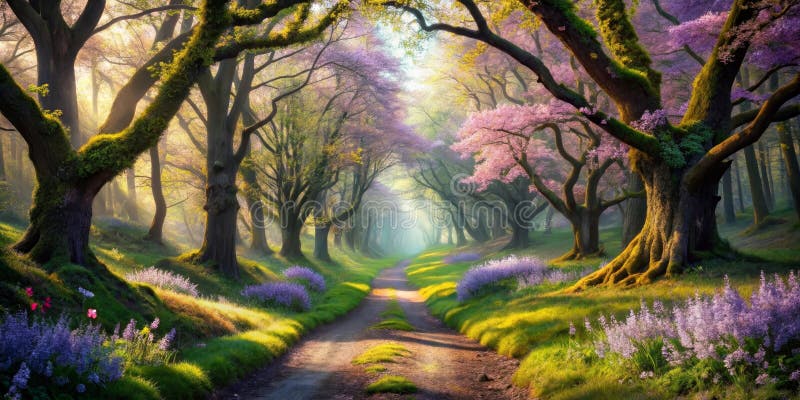 Sunlit Path through a Magical Spring Forest with Blossoming Trees and ...
