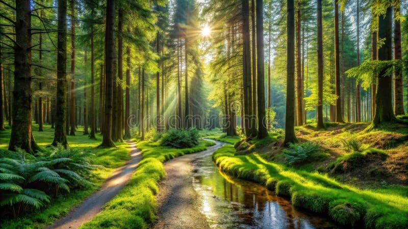 Sunlit Path Meandering through a Lush Green Forest with a Gentle Stream ...