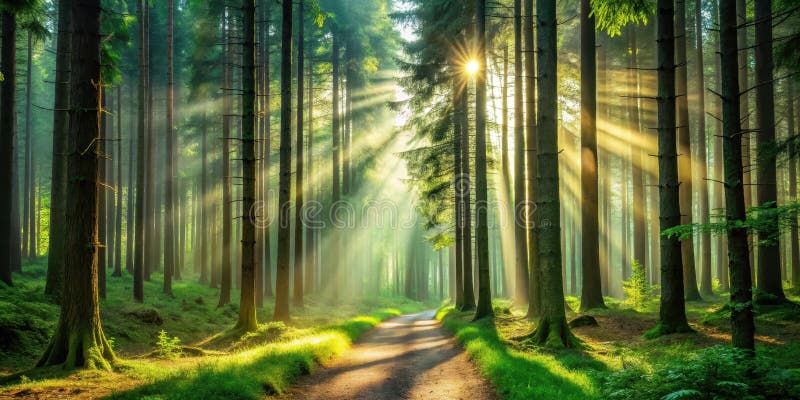 Sunlit Path through a Misty Forest of Tall Trees. Generative AI Stock ...