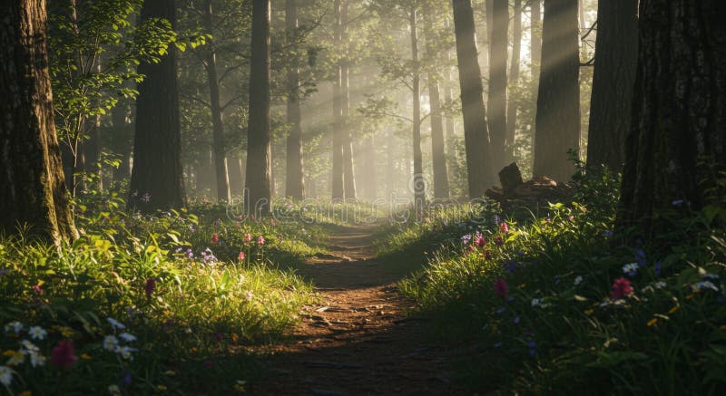 Sunlit Path through a Misty Forest with Wildflowers Stock Illustration ...