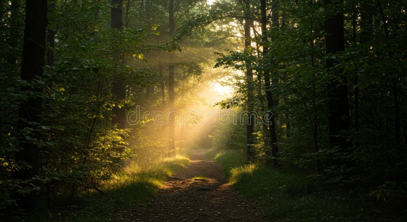 Sunlit Path through Misty Green Forest Stock Illustration ...
