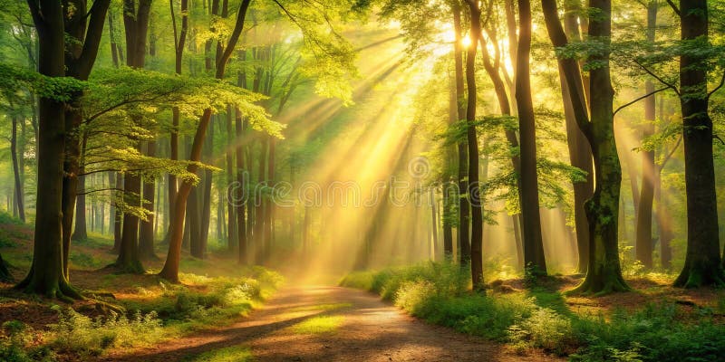 Sunlit Path through a Misty Green Forest with Golden Rays of Sunlight ...