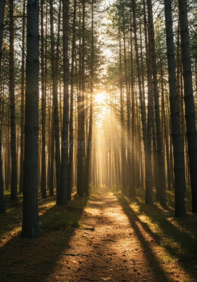 Sunlit Path through Misty Pine Forest Stock Illustration - Illustration ...
