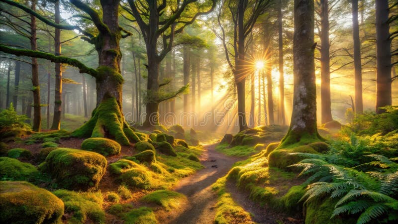 Sunlit Path through a Mossy Forest at Dawn. Generative AI Stock ...