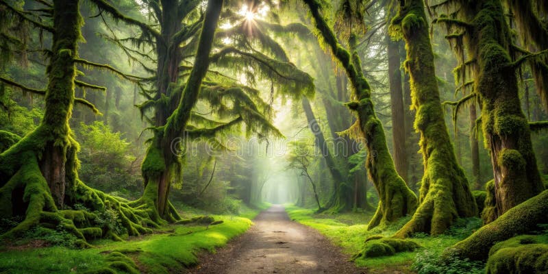 Sunlit Path through a Mossy Forest Enchanting Nature Scene. Generative ...