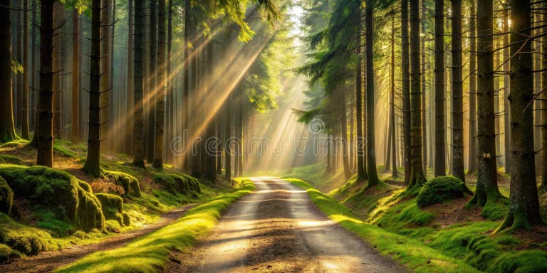 Sunlit Path through a Mossy Forest with Golden Rays. Generative AI ...