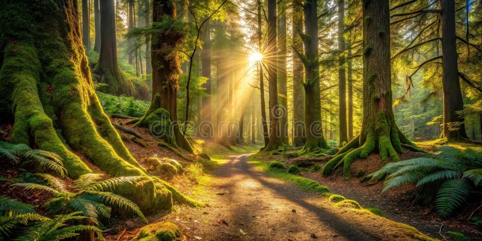 Sunlit Path through a Mossy Forest with Sunlight Beams. Generative AI ...