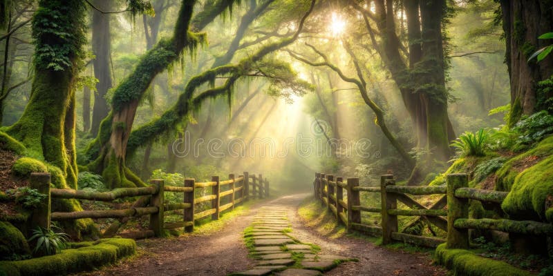 Sunlit Path through a Mossy Forest with Wooden Fence. Generative AI ...